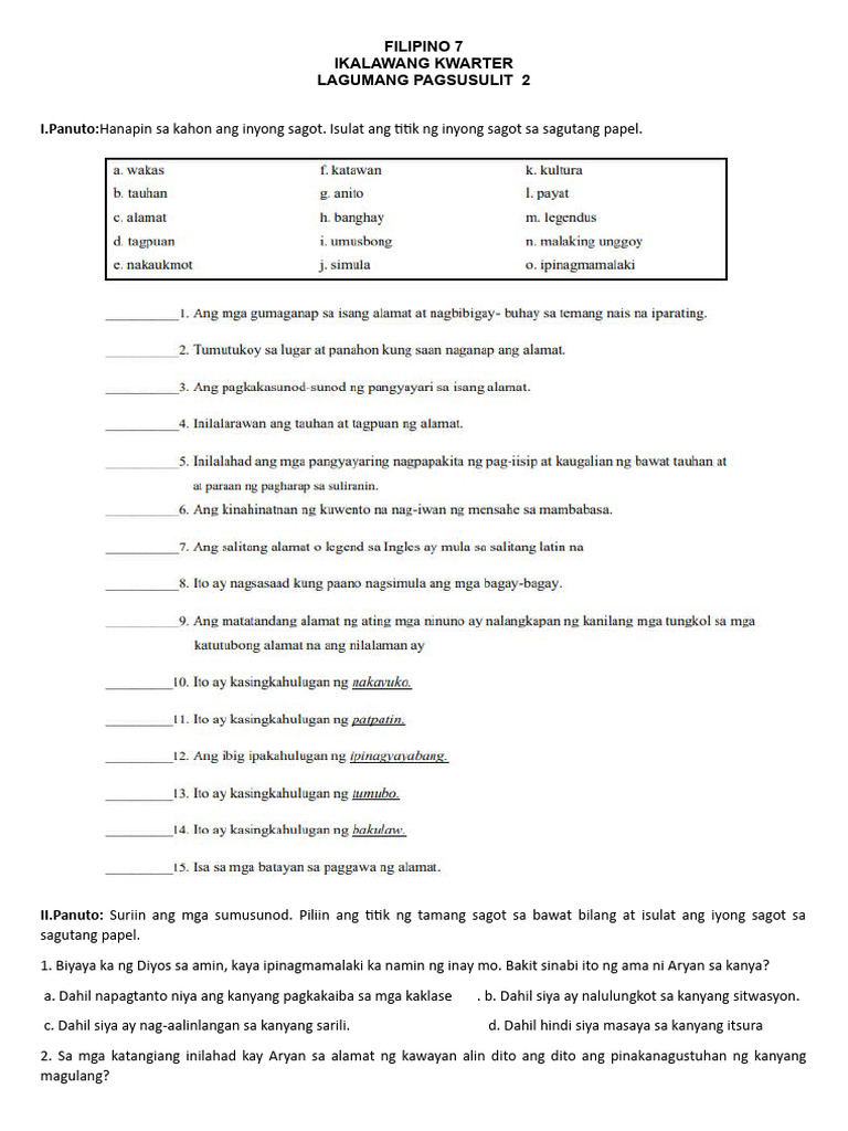 Filipino 7 Summative Test 2 Quarter 2 | PDF