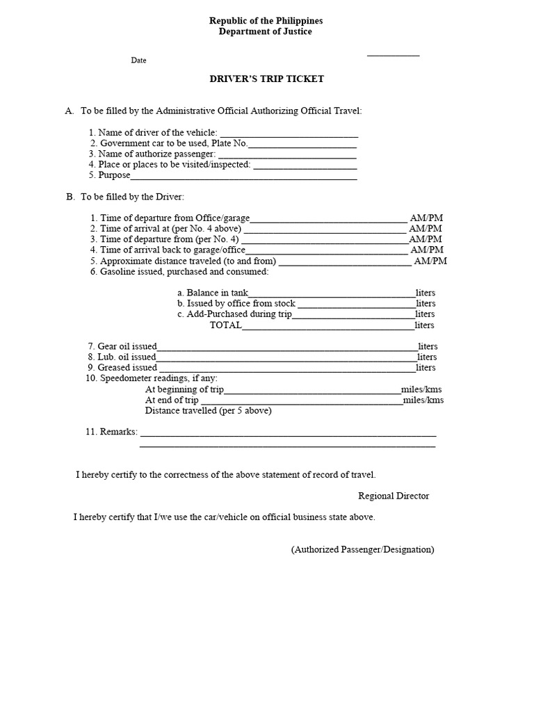 Driver's Trip Ticket Form Template | PDF | Finance & Money Management