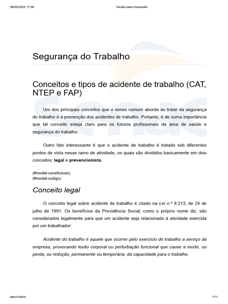 Aula 6 Conceitos e Tipos de Acidente de Trabalho (CAT, NTEP e FAP) | PDF