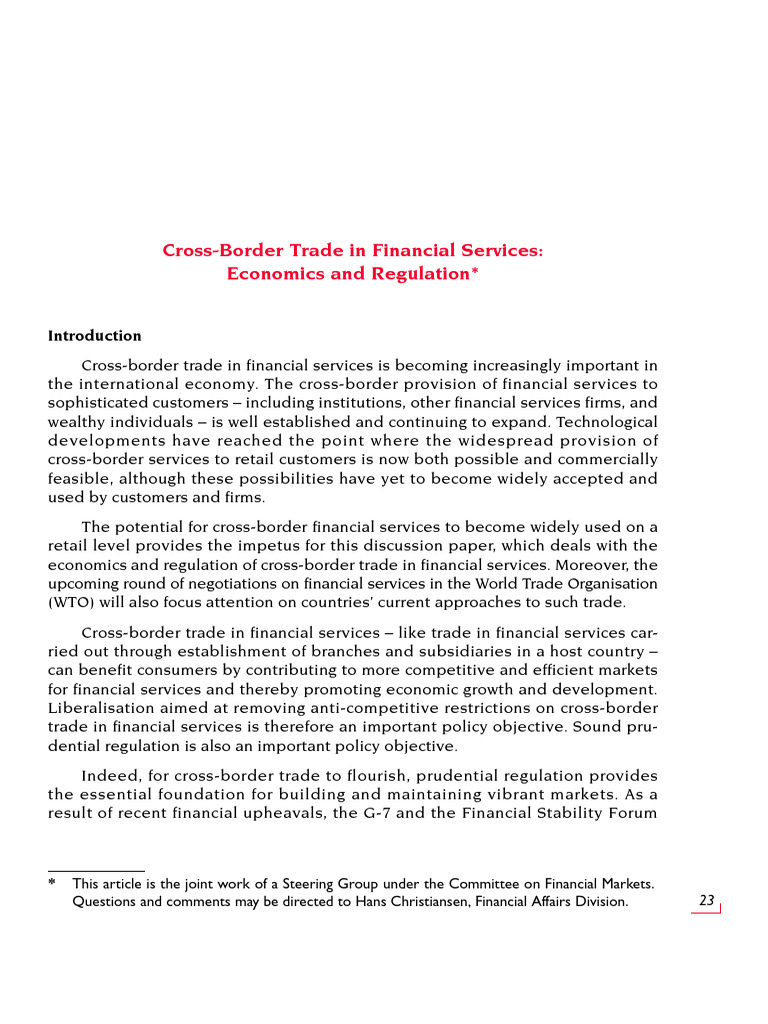 Cross-Border Trade in Financial Services: Economics and Regulation | PDF