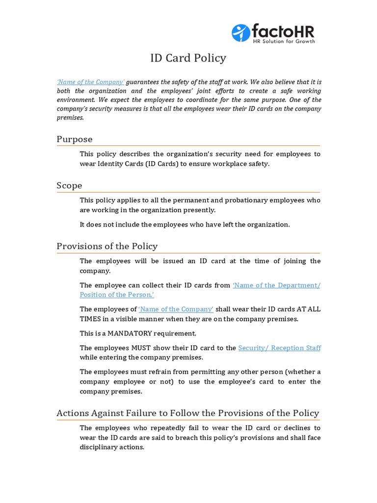 Employee ID Card Policy Guide | PDF | Career & Growth | Finance & Money ...