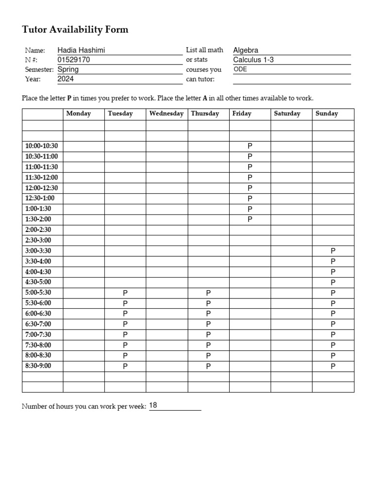 Tutor Availability Form - Hash - Final | PDF