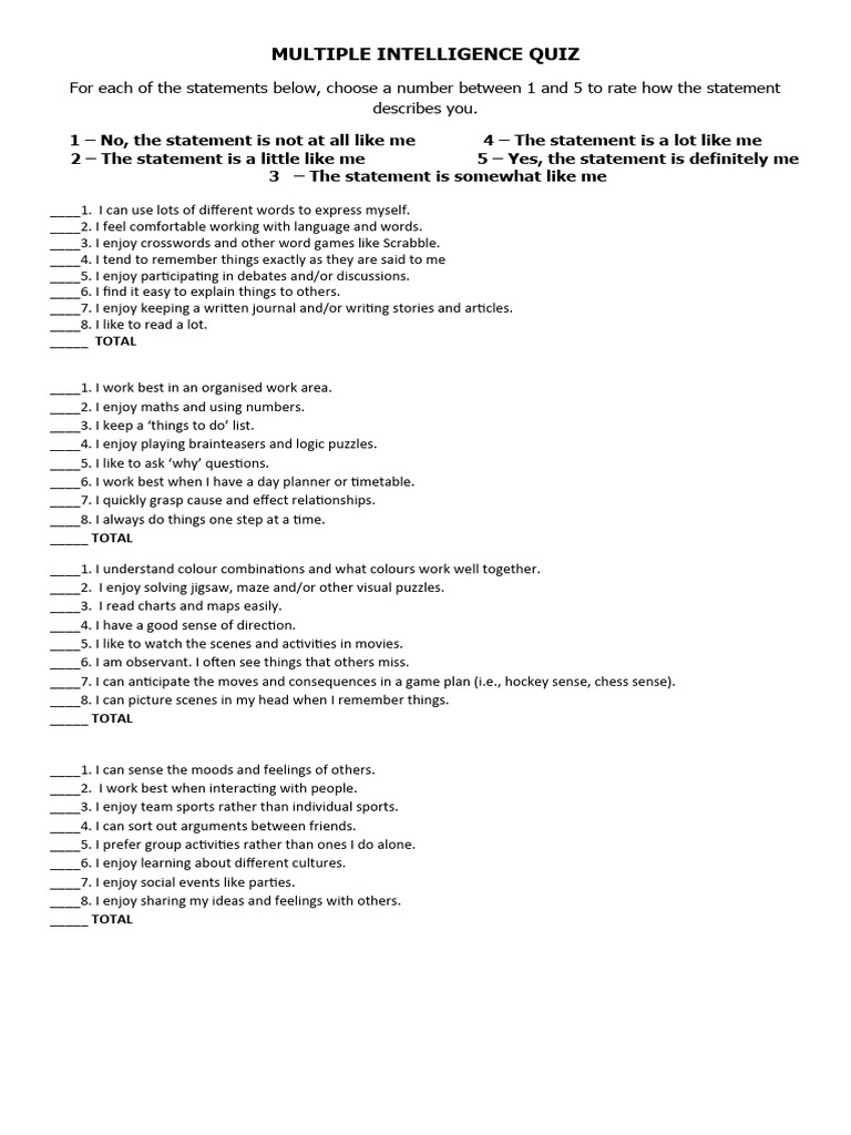 Multiple Intelligence Quiz | PDF