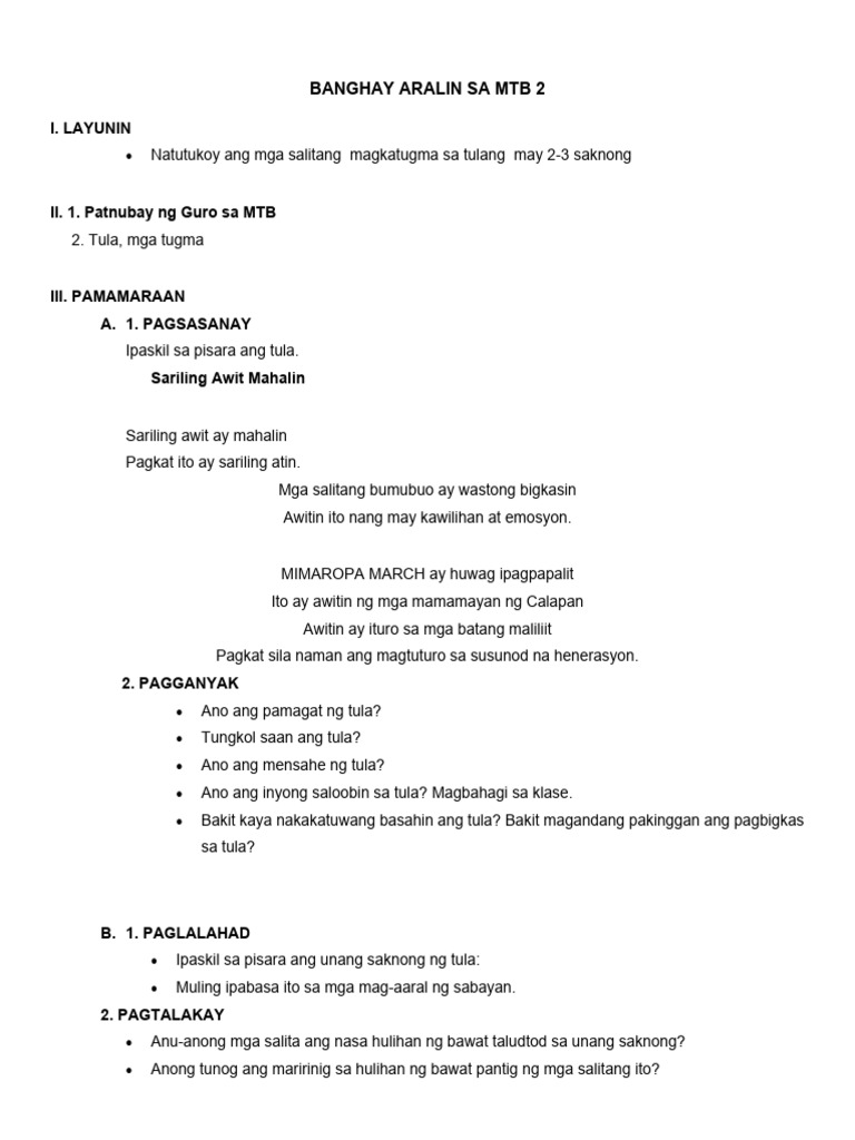 Banghay Aralin Sa MTB 2 | PDF
