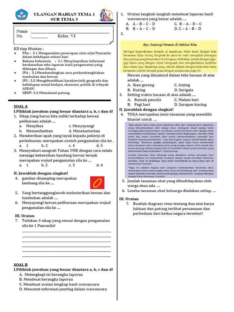Ulangan Harian Tema 1 ST 3 | PDF | Seni & Disiplin Bahasa | Kajian Bahasa Asing