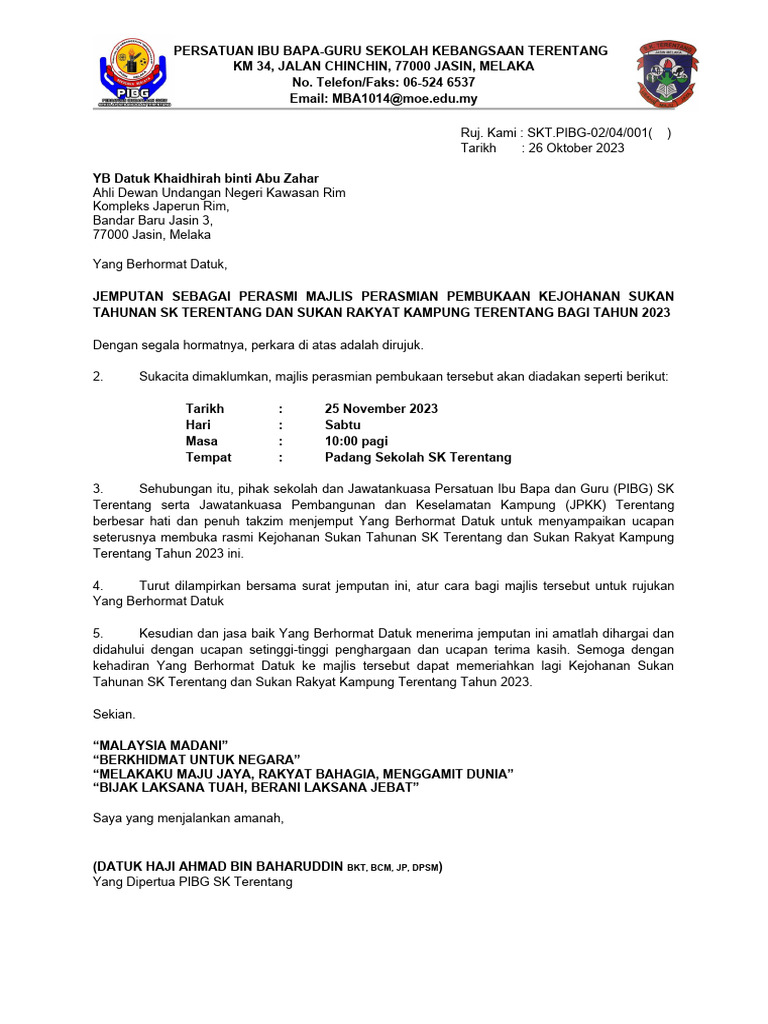 Surat Jemputan Kepada ADUN Kawasan Sebagai Perasmi Kejohanan Sukan ...