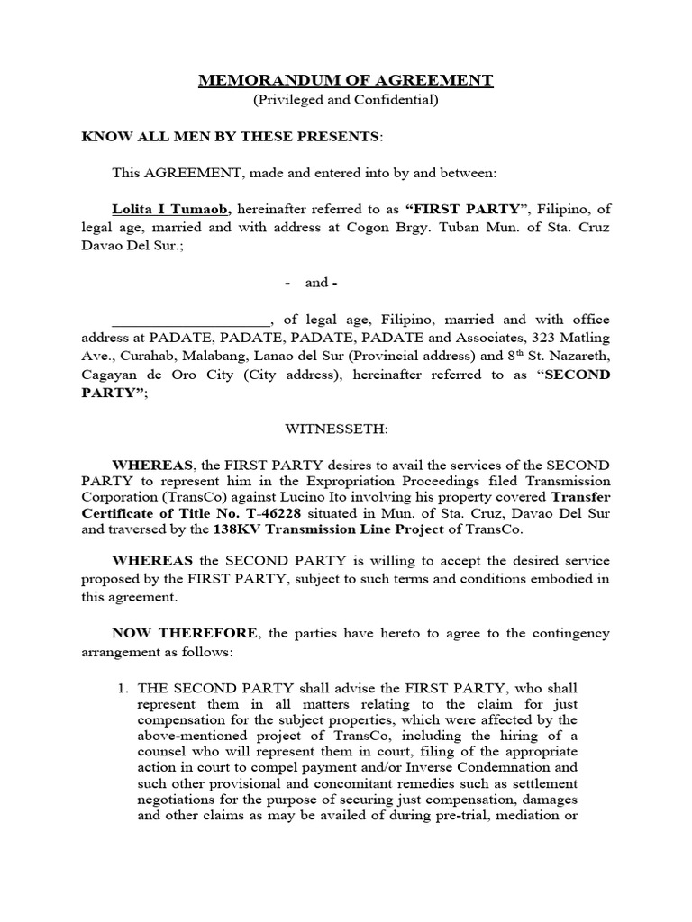 Memorandum of Agreement for Expropriation | PDF | Private Law | Government