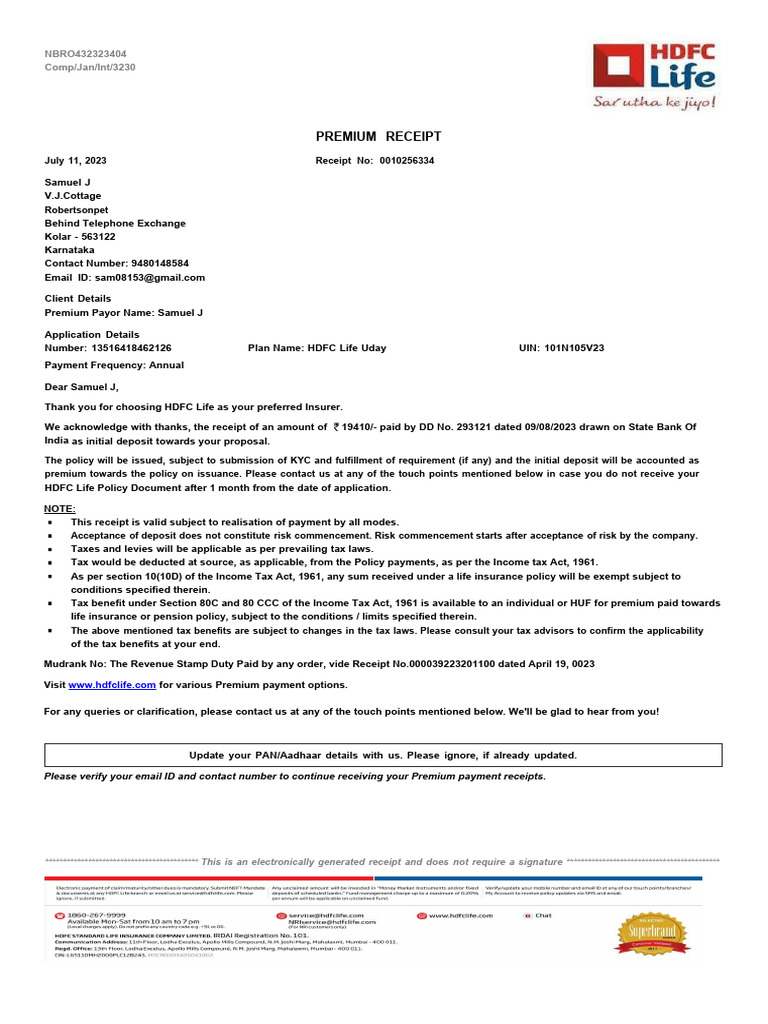 Payment Receipt 0010256334 Life | PDF