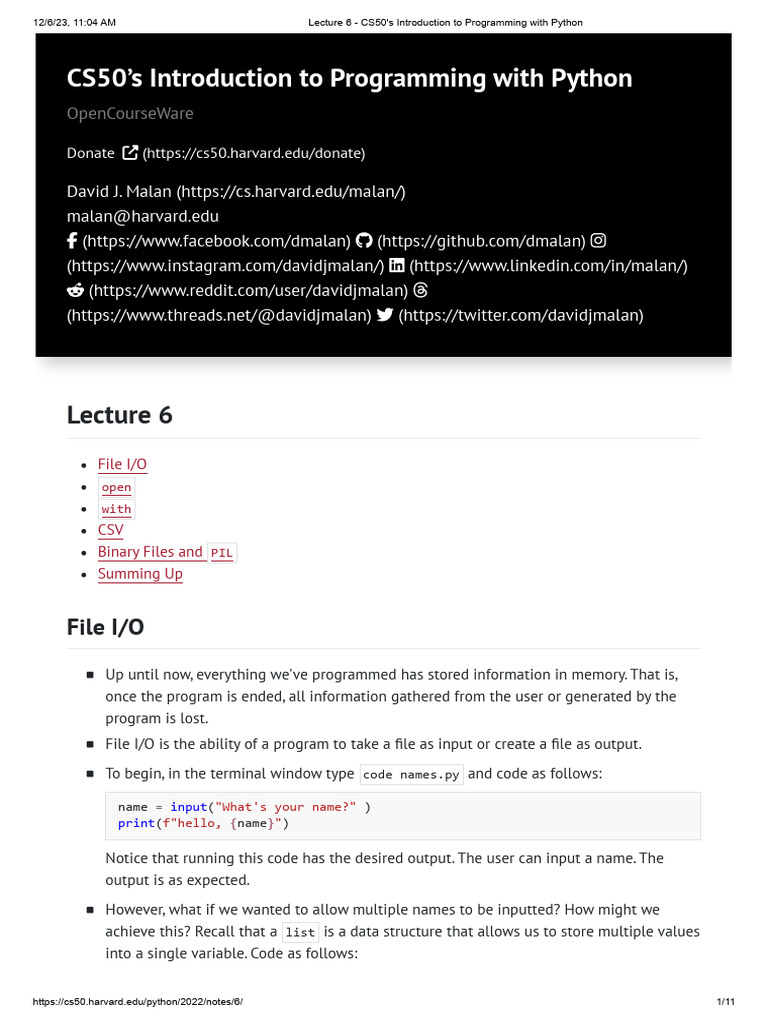 Lecture 6 - CS50's Introduction To Programming With Python | PDF | Comma Separated Values ...