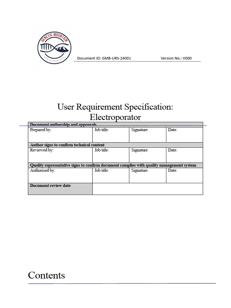 User Requirement Specification - Electroporator | PDF