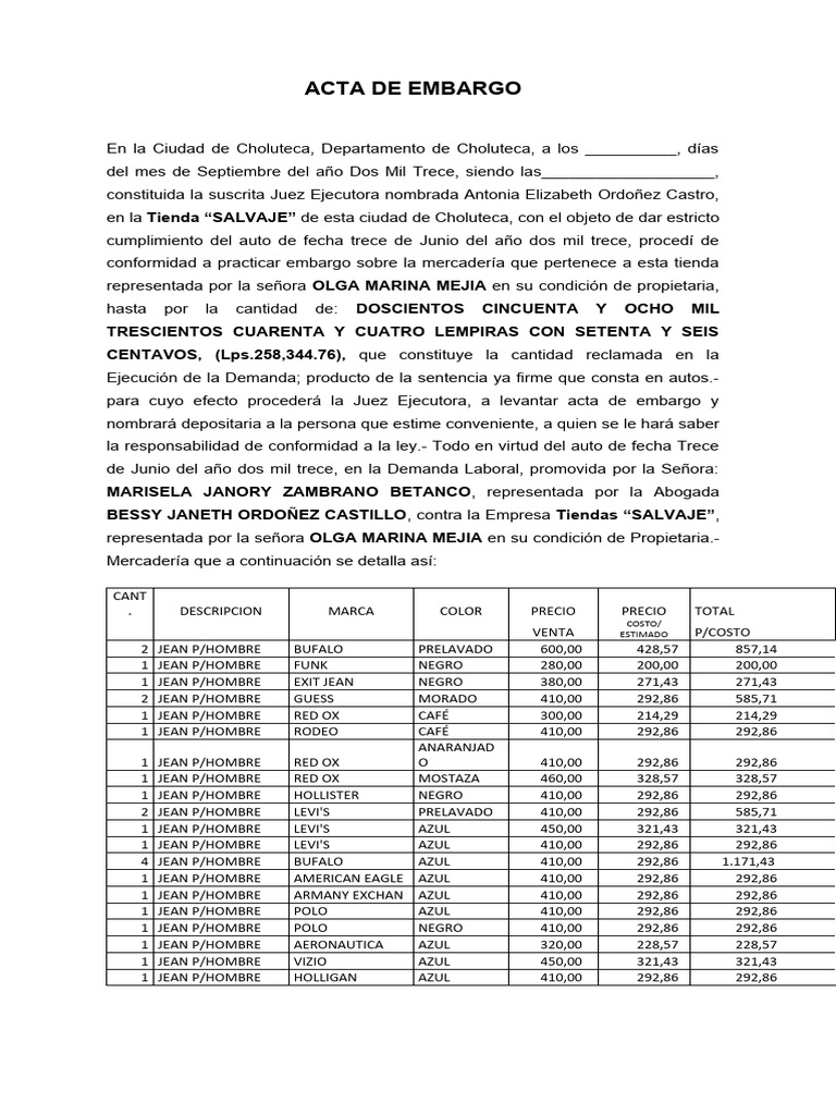 Acta de Embargo | PDF