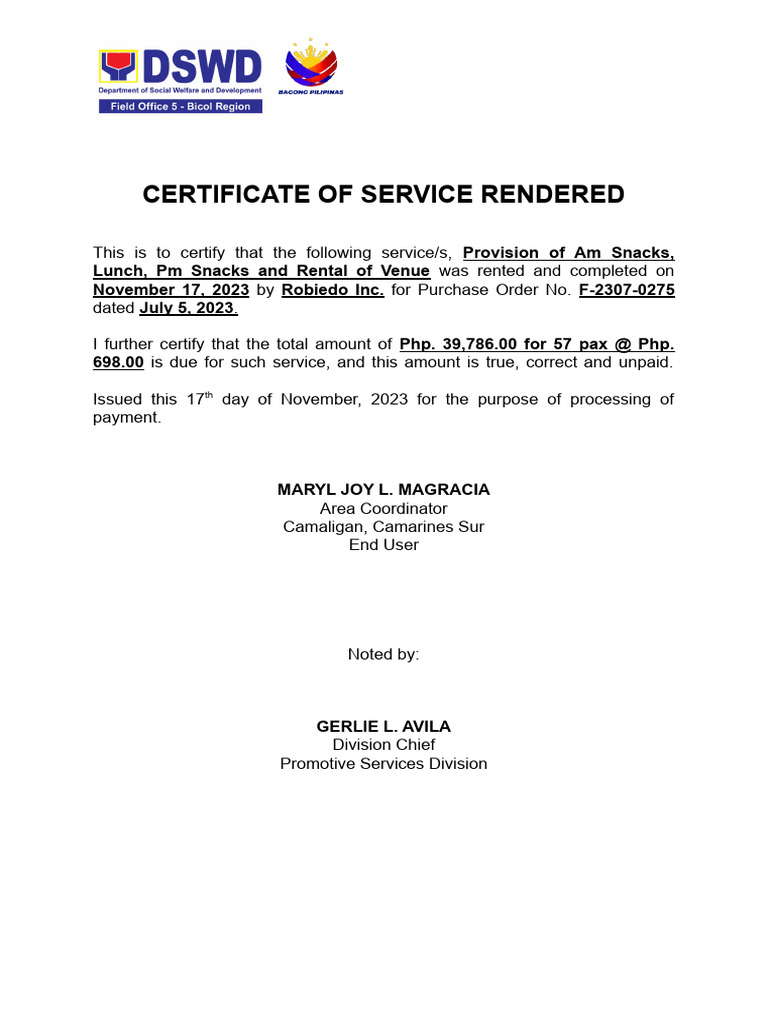 Certificate of Service Rendered | PDF