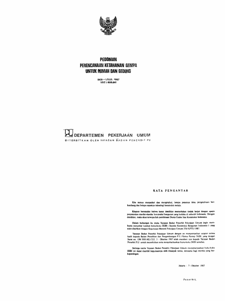 Pedoman Perencanaan Ketahanan Gempa Untuk Rumah Dan Gedung - SKBI-1.3.53.1987-1 | PDF