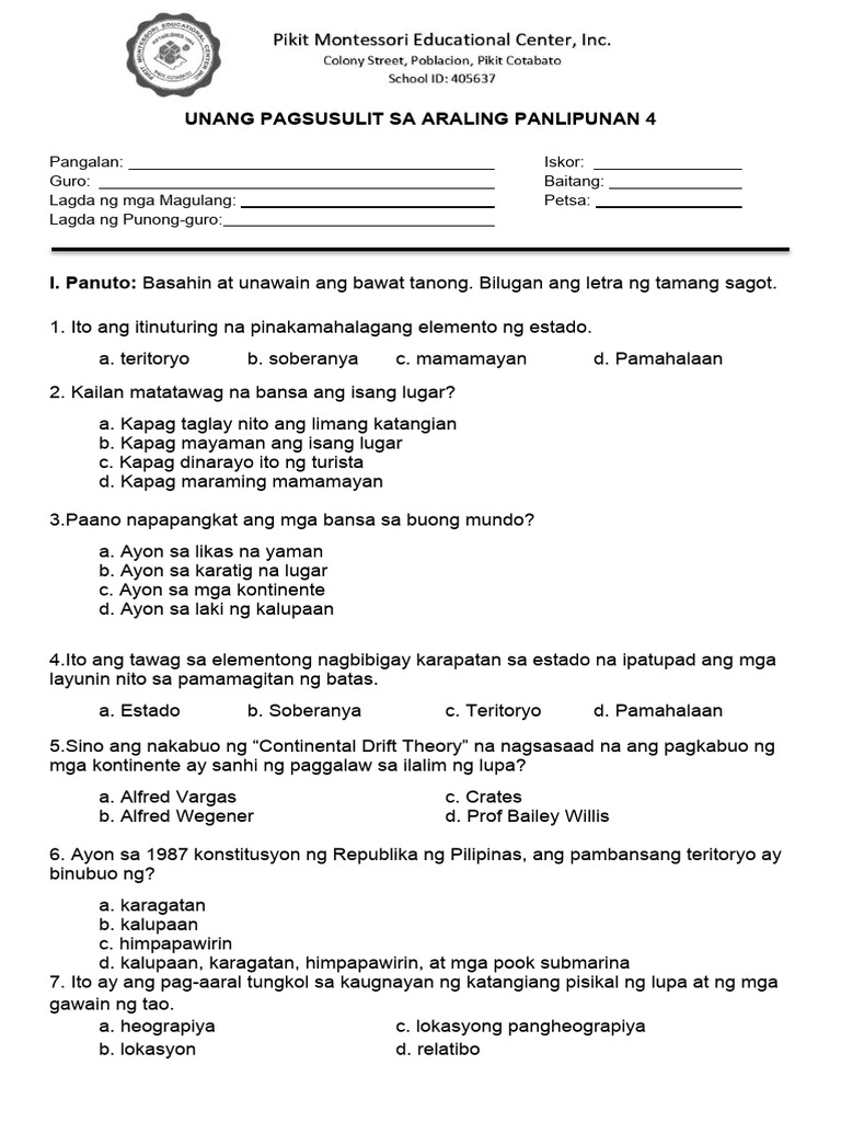 First Mastery Examination in Ap-4 | PDF