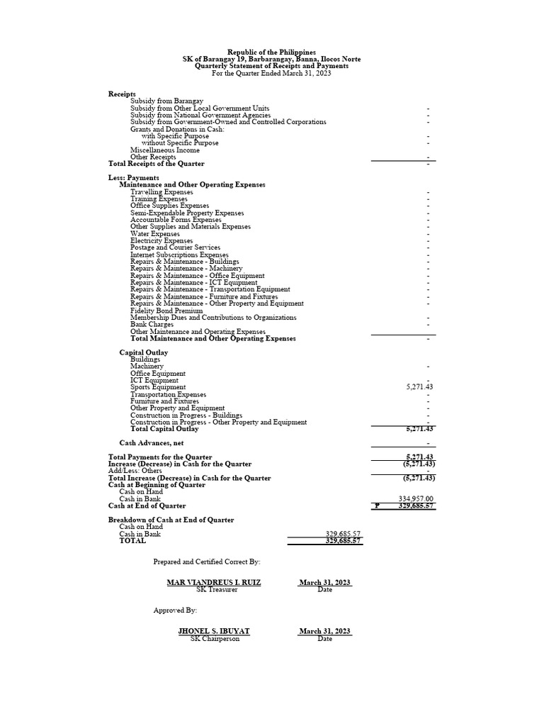 QSRP Quarterly Statement of Receipts and Payments 1 | PDF | Expense | Cash