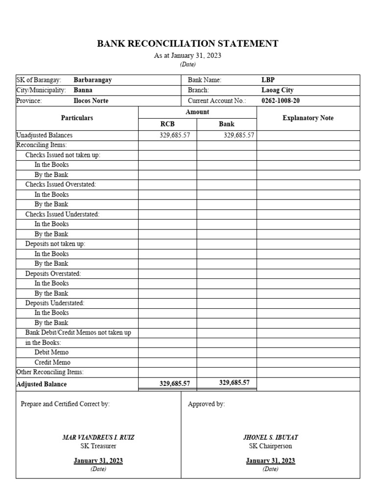 BRS Bank Reconciliation Statement Barbarangay | PDF | Banks | Deposit ...