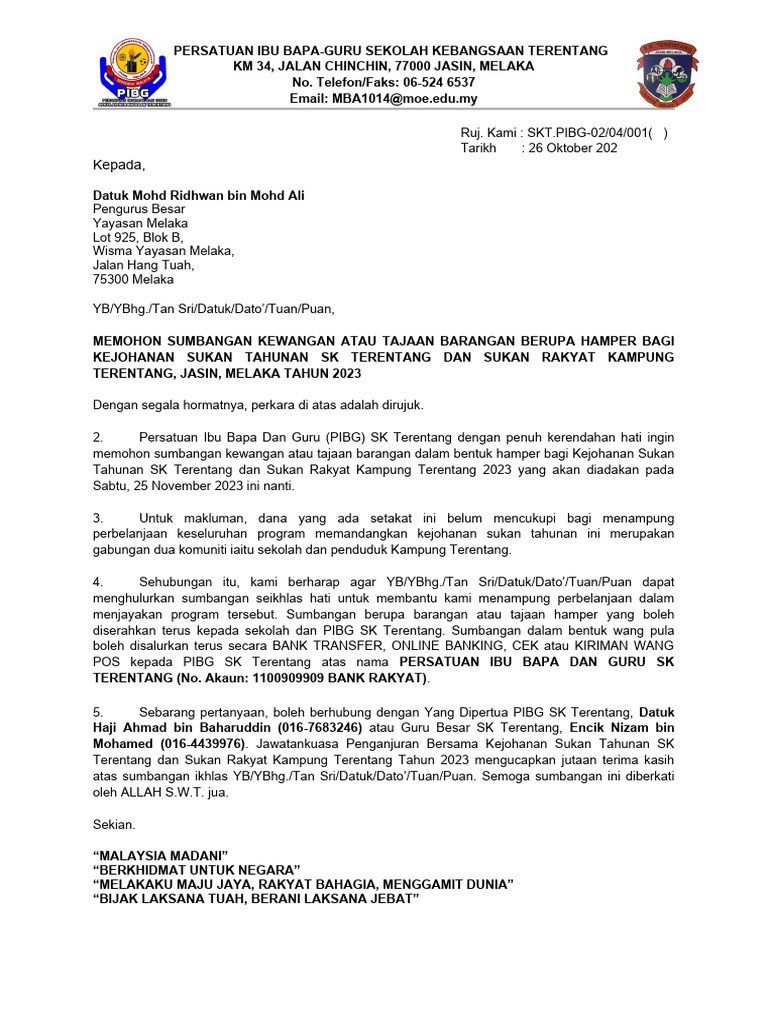Surat Memohon Sumbangan Kepada Individu Berpengaruh Atau Badan Bukan ...