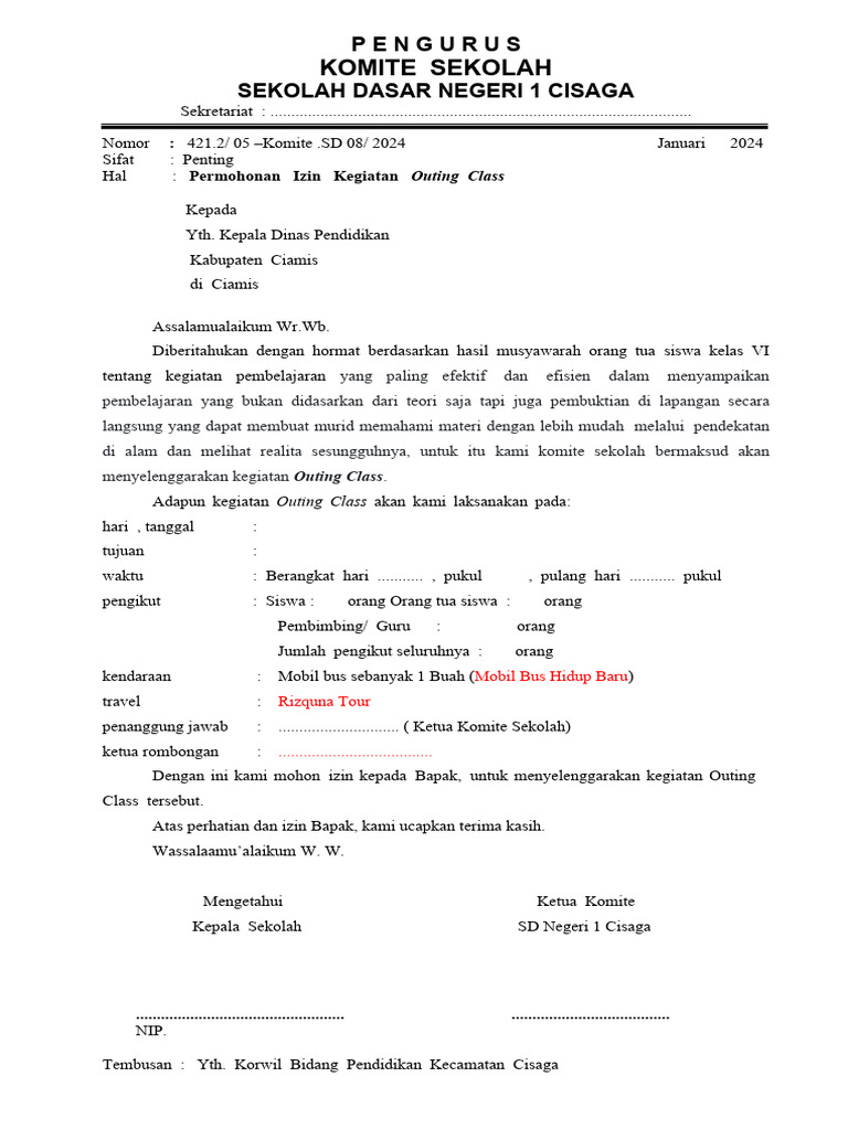 Contoh Surat Outing Class | PDF | Ilmu Sosial | Pengembangan Diri