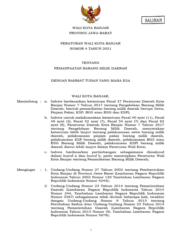 Perwal Nomor 4 Tahun 2021 TTG Pemanfaatan BMD | PDF