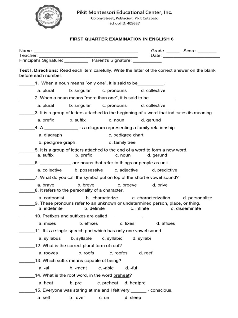 G6 1st Quarter Exam ESP, Eng, Sci | PDF