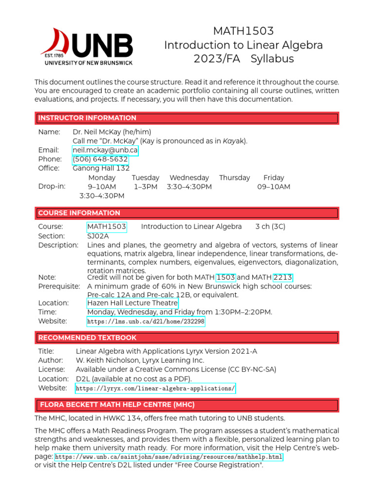Course Outline - Math1503 - Unbsj | PDF