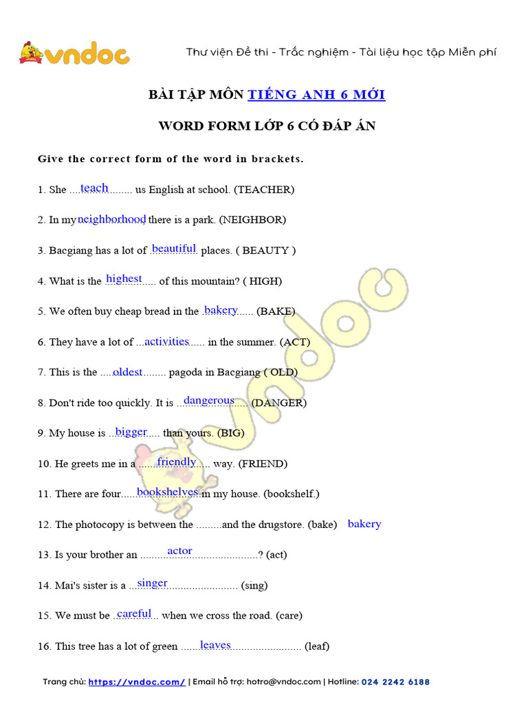 Bai-Tap-Word-Form-Lop-6 T | PDF