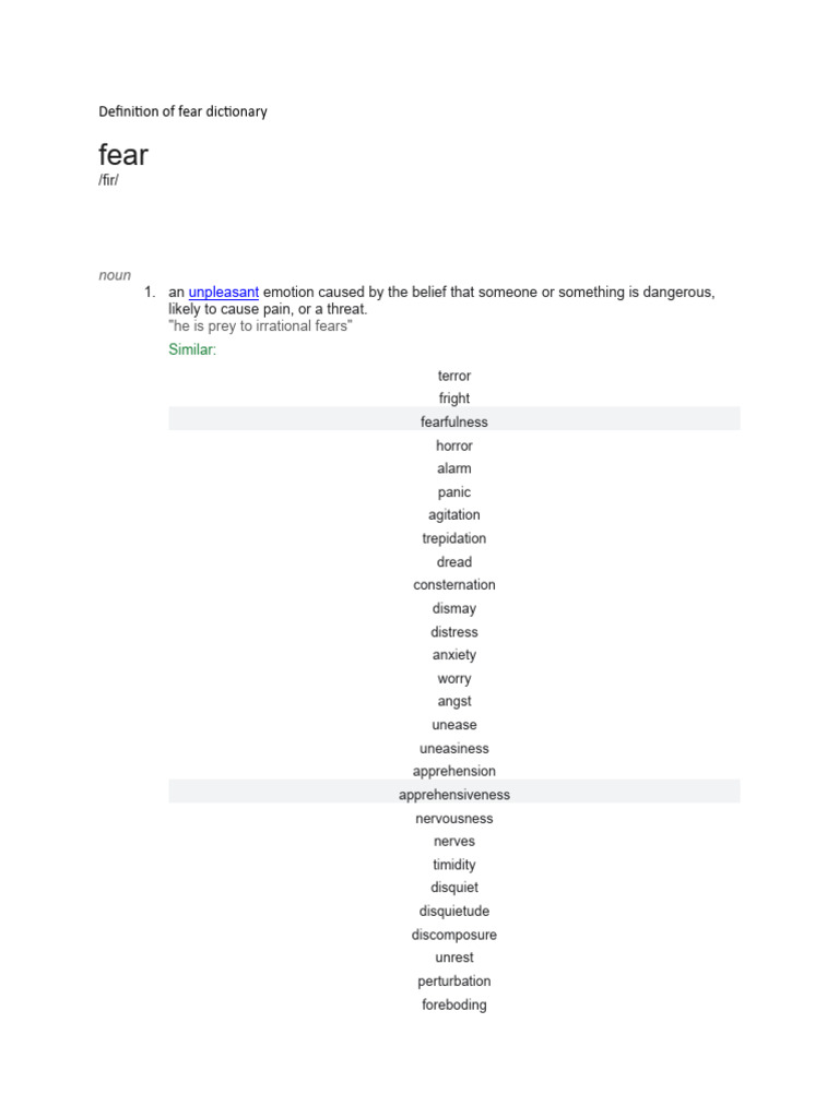 Definition of fear dictionary | PDF | Fear | Anxiety