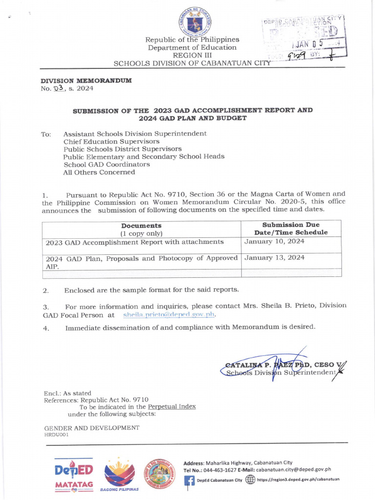 DM No. 03, S. 2024 - SUBMISSION OF THE 2023 GAD ACCOMPLISHMENT REPORT ...