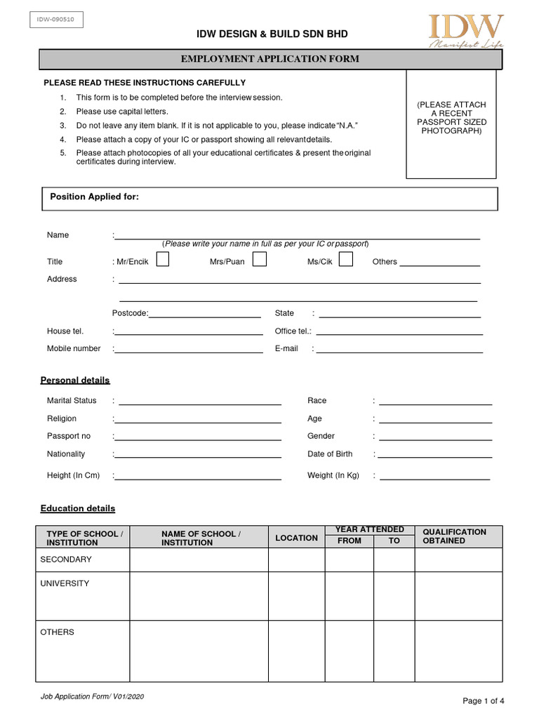 IDW-090510 - Employment Application Form | PDF | Career & Growth | Business