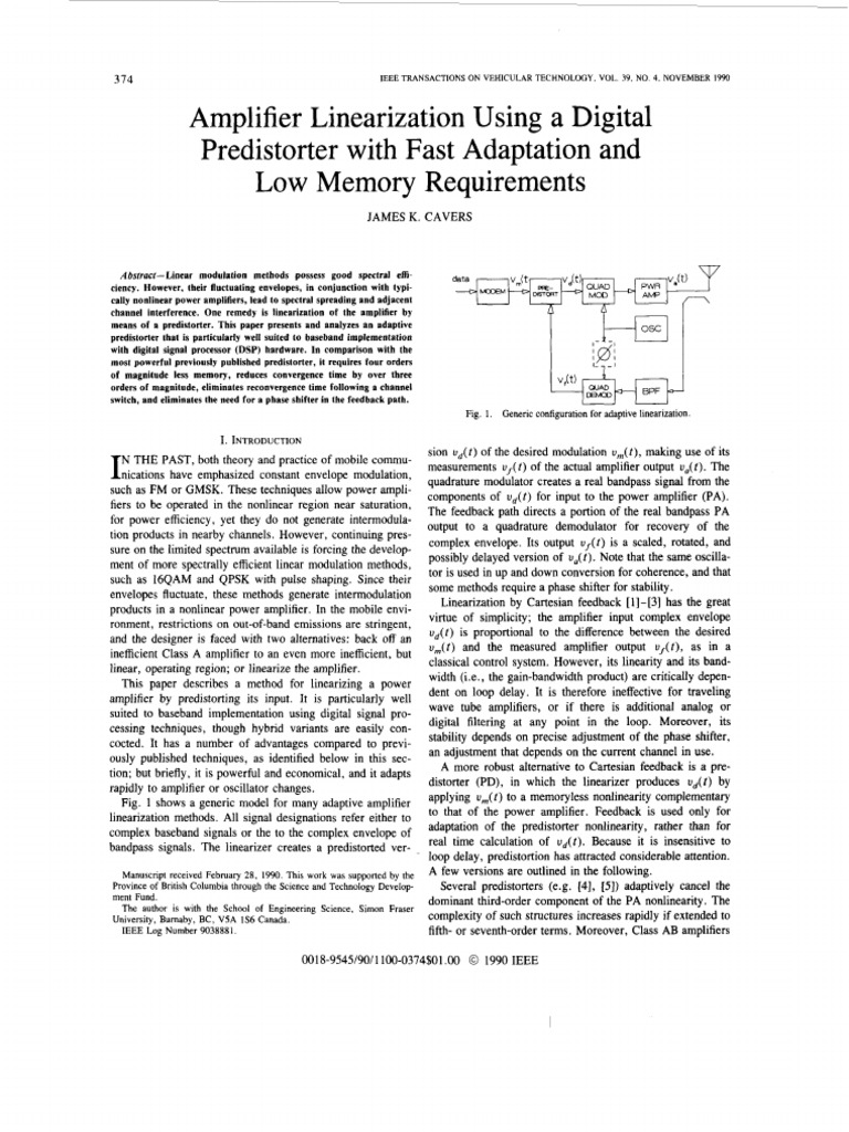1990 - Amplifier Linearization Using A Digital Predistorter With Fast Adaptation and Low Memory ...