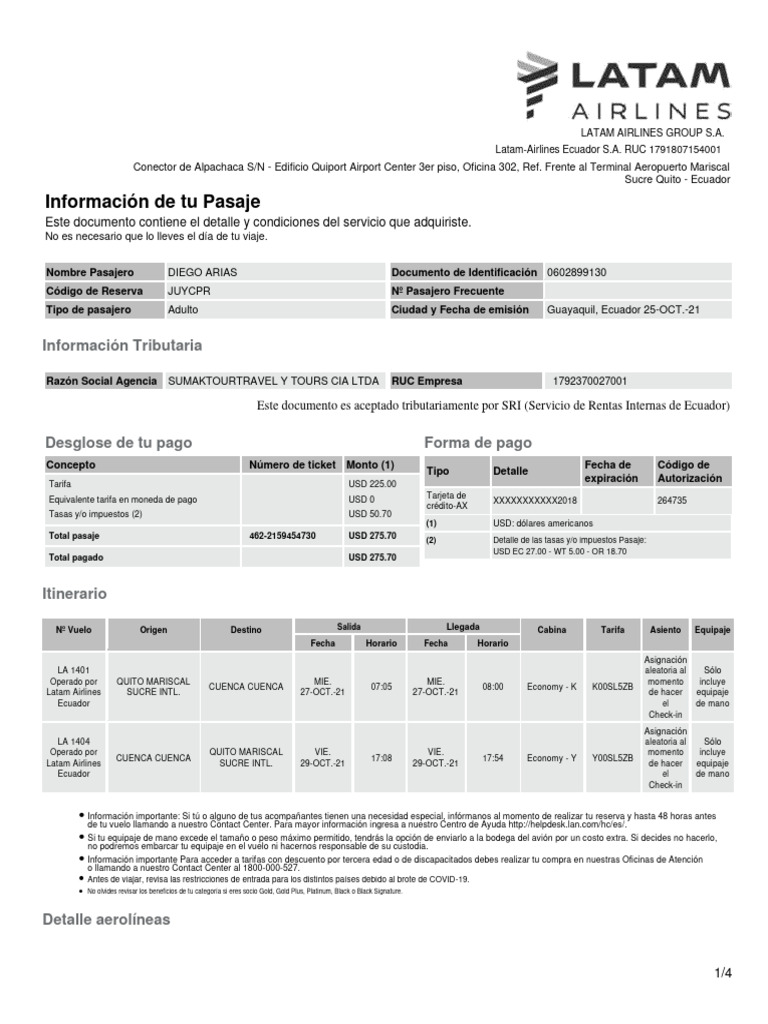 Diego Arias Pasaje Aereo TKT 4622159454730 | PDF | aerolíneas | Transporte