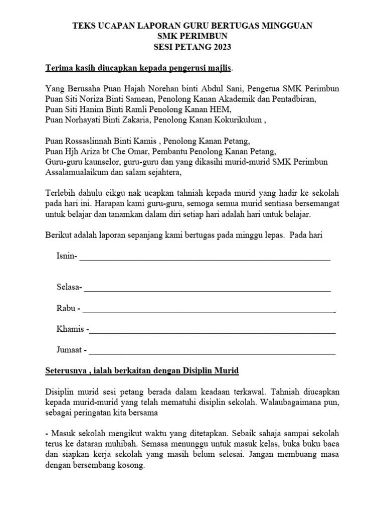 Teks Ucapan Laporan Guru Bertugas | PDF