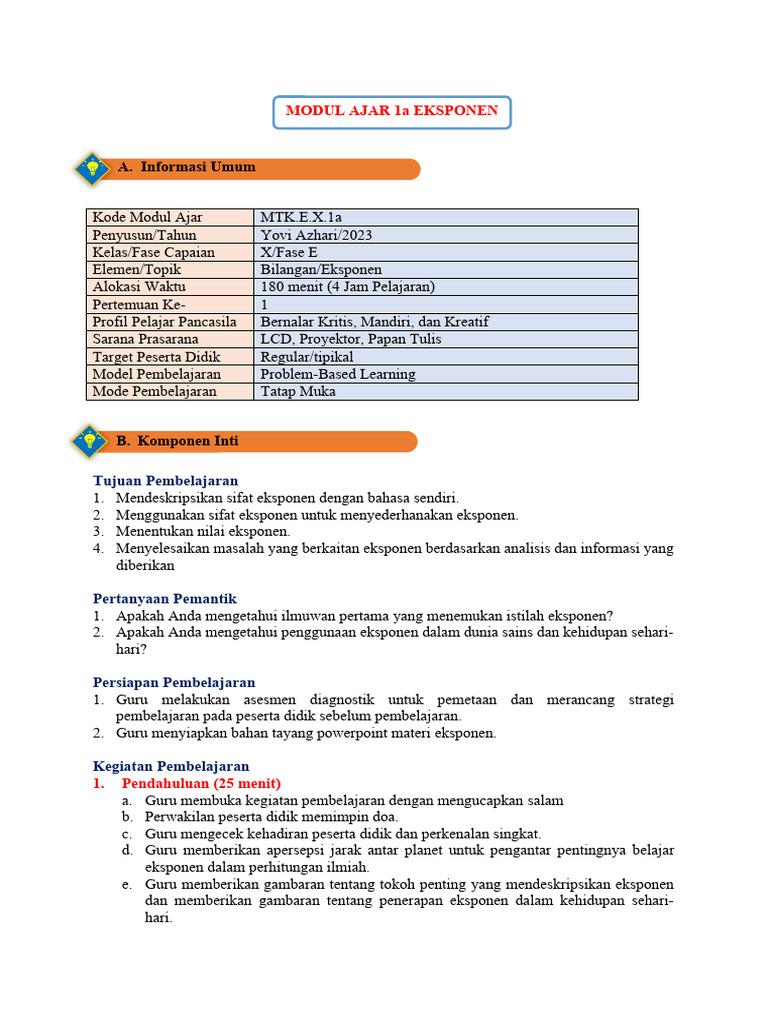 Modul Ajar 1 Eksponen | PDF