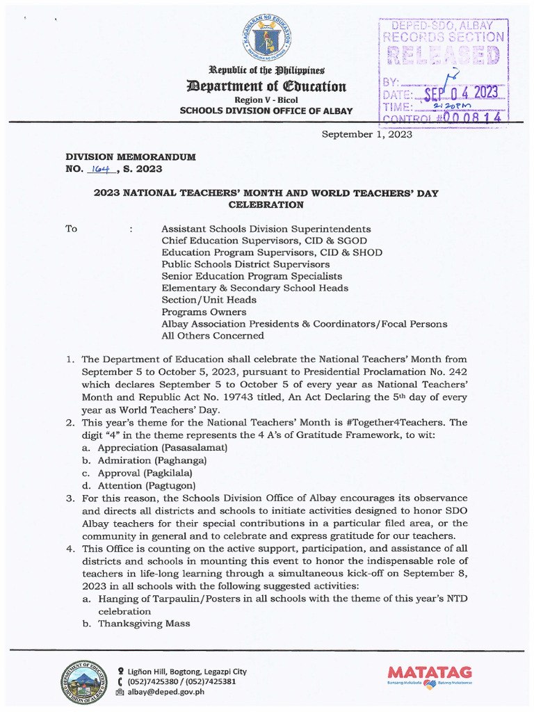 DM 164 S. 2023 2023 National Teachers Month and World Teachers Day ...