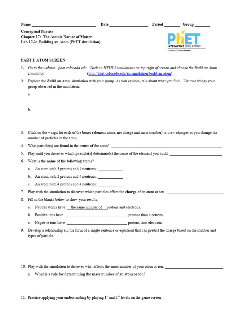CP 17 Lab 2 Build An Atom PhET Simulation | PDF | Atoms | Isotope