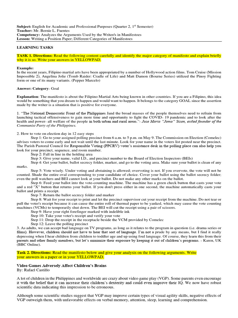 Q2L1 EAPP Learning Tasks | PDF