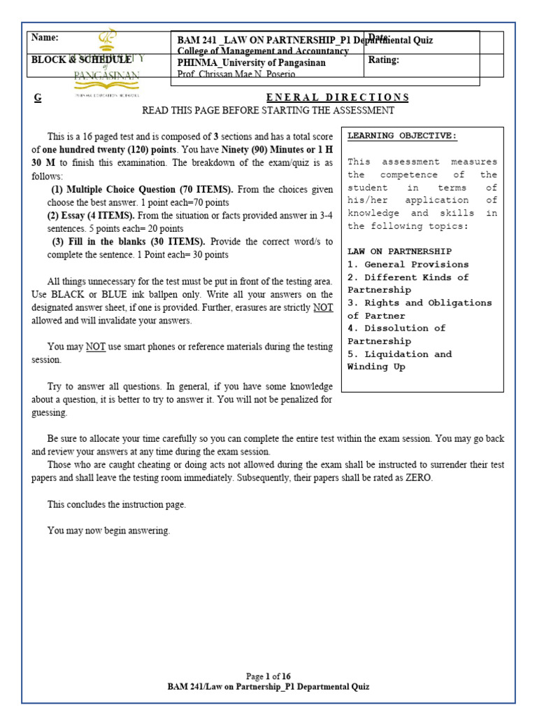Bam 241 P1 Departmental Quiz With Key Answer | PDF | Partnership ...