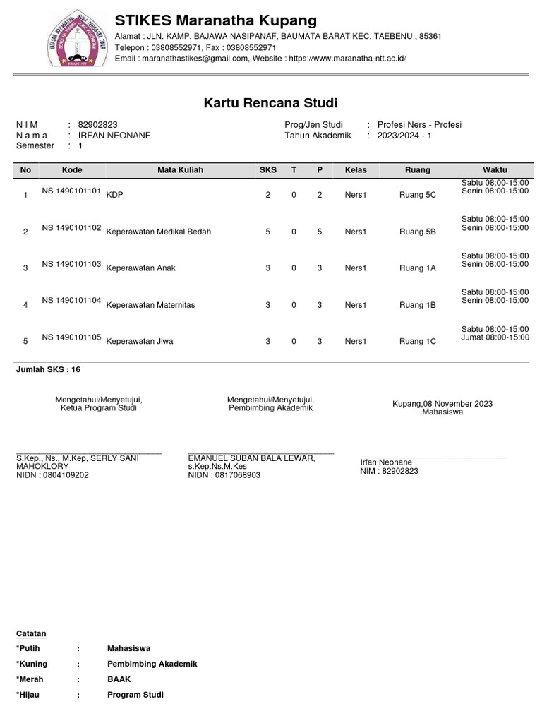 STIKES Maranatha Kupang: Kartu Rencana Studi | PDF