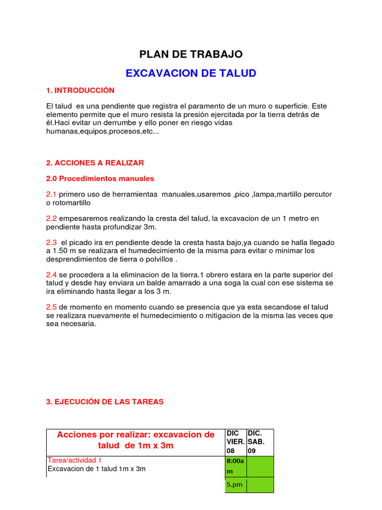 Plan de Trabajo para Talud-Seal | PDF