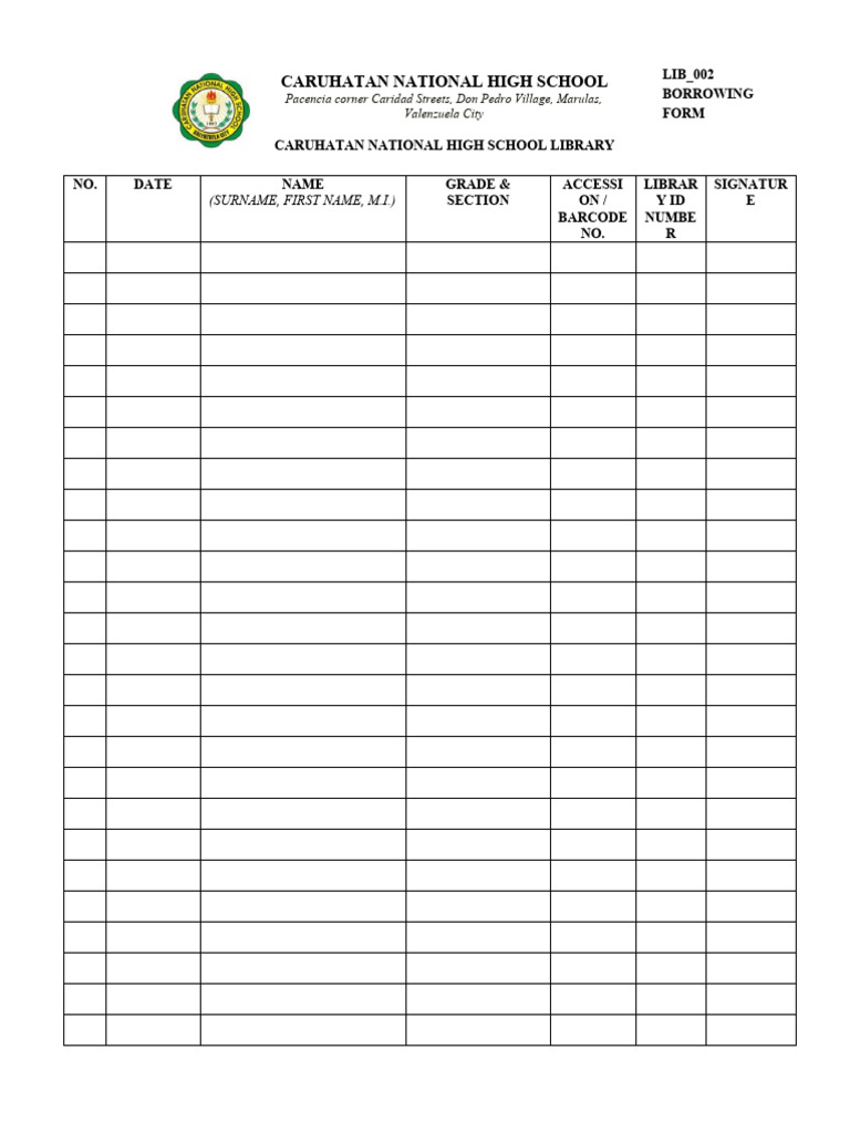 Caruhatan National High School Library Borrowing Form | PDF