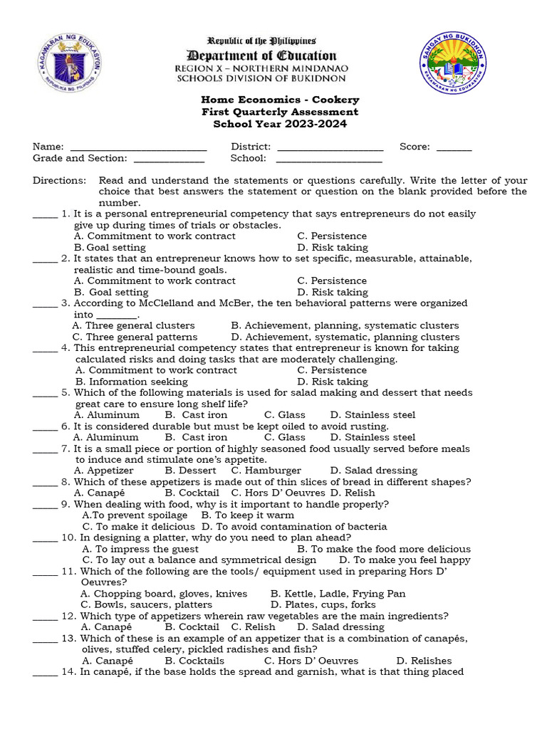 TLE-HE (Cookery) Grade 9 Quarter 1 Test Items, Key Answers - Answer ...