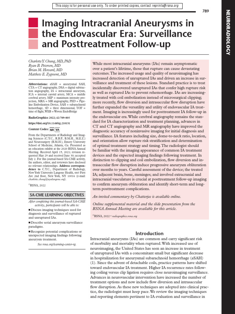 Chung Et Al 2022 Imaging Intracranial Aneurysms in The Endovascular Era Surveillance and ...