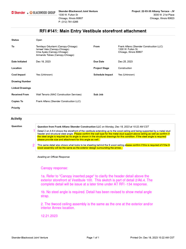 AT RFI 141 - Main Entry Vestibule Storefront Attachment - Response ...