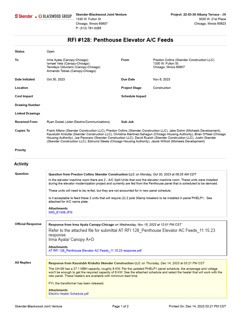 AT RFI 128 - Penthouse Elevator AC Feeds - 01.03.24 Response | PDF ...