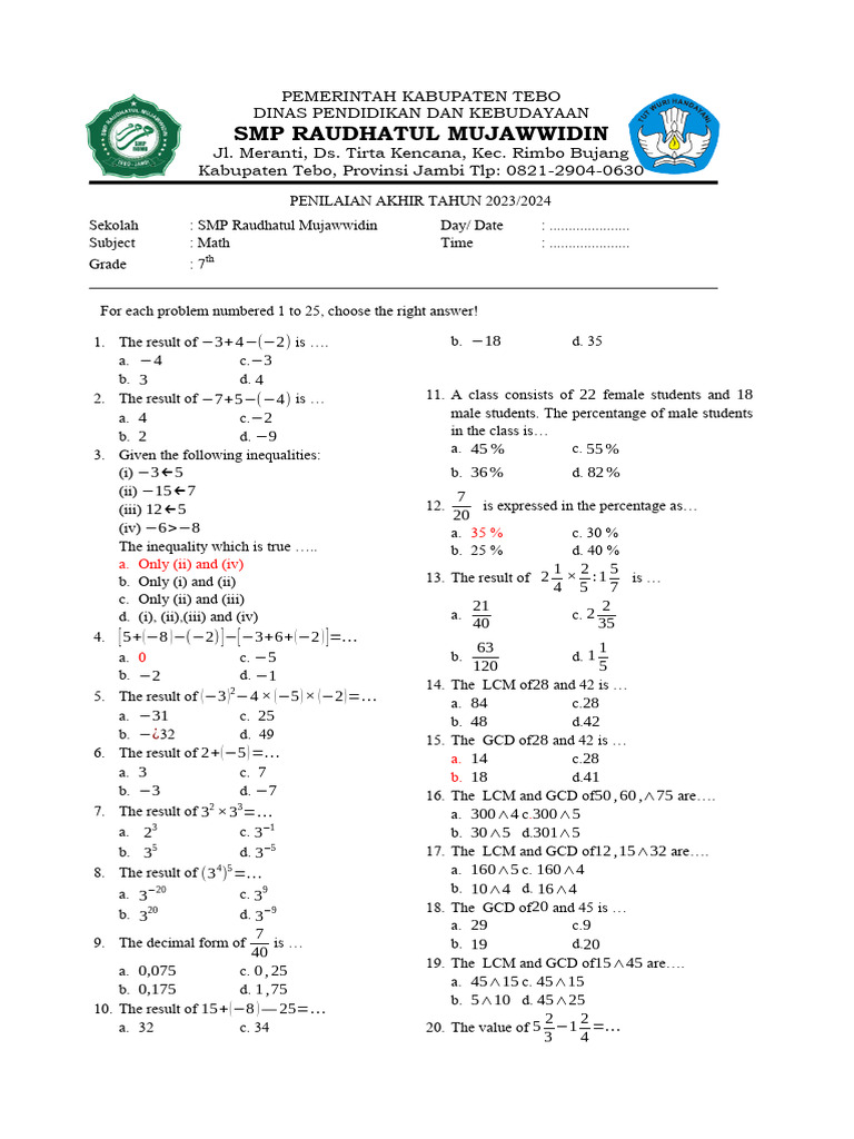 QS. EXAM Math 7th Grade KUNCI | PDF