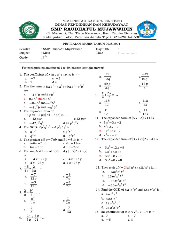 QS. EXAM Math 8th Grade KUNCI | PDF