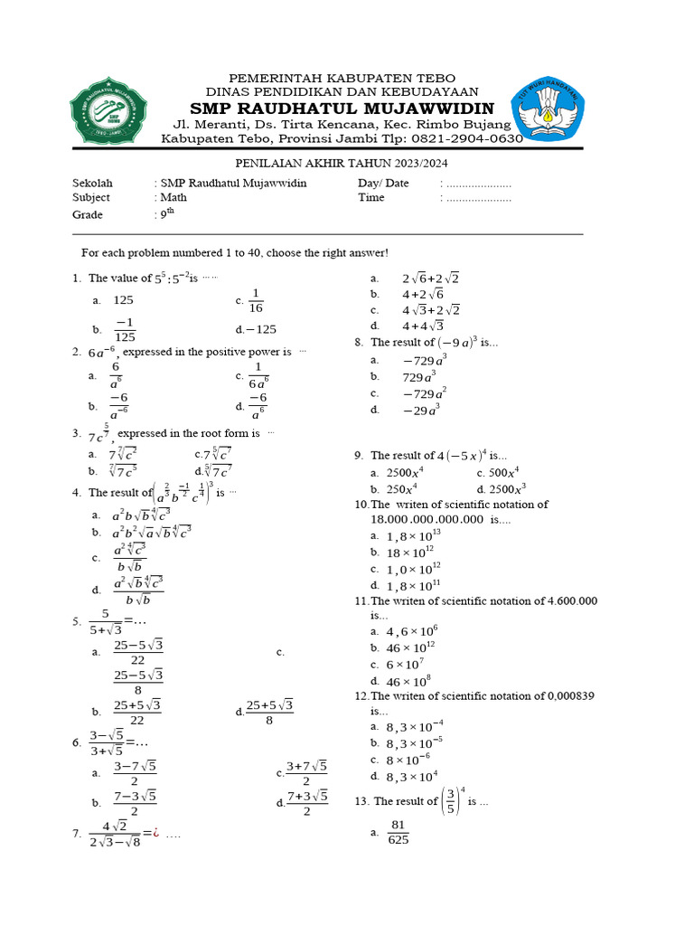 QS. EXAM Math 9th Grade | PDF | Square Root | Mathematical Analysis