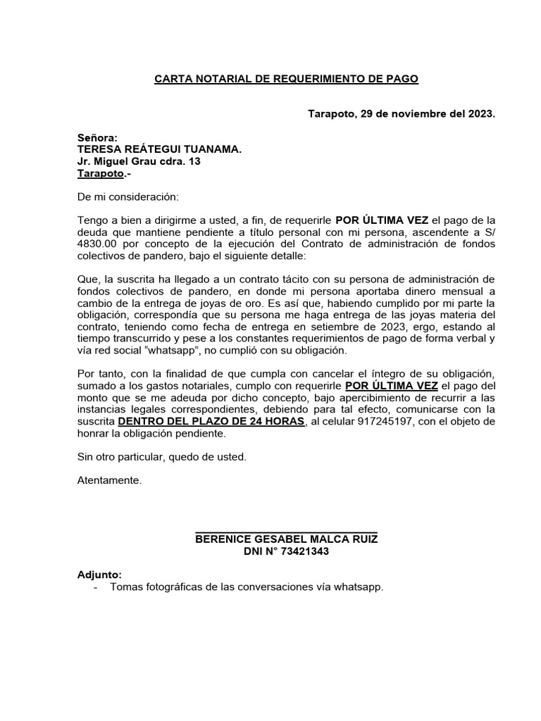 CARTA NOTARIAL DE REQUERIMIENTO DE PAGO Berenice | PDF