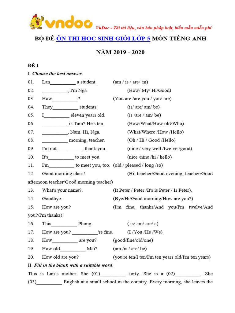 Bo de Thi Hoc Sinh Gioi Tieng Anh Lop 5 Nam 2019 2020 | PDF