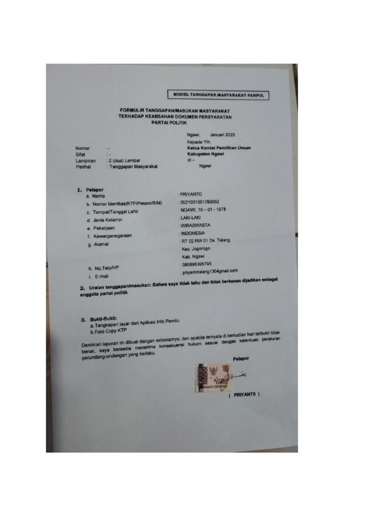 Form Tanggapan Sipol | PDF